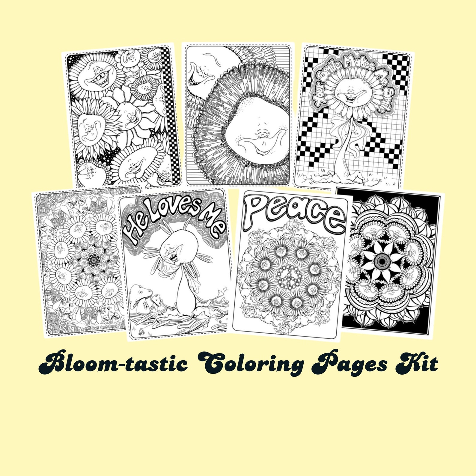 Printable Flower Power Coloring Page Set of 7, Flower Mandala, Instant ...