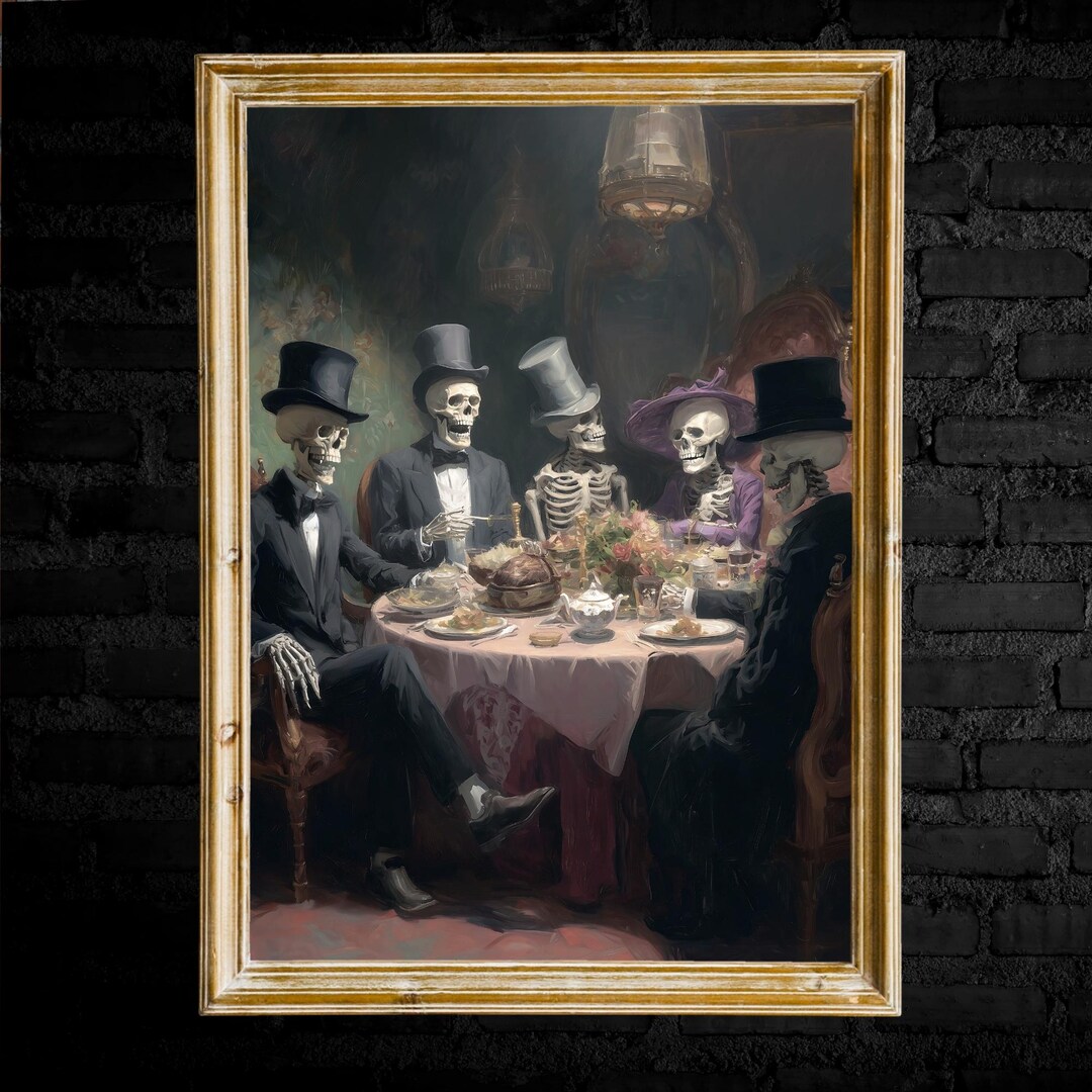 Halloween Skelton Dinner Party Wall Art Print: Whimsical, Spooky ...