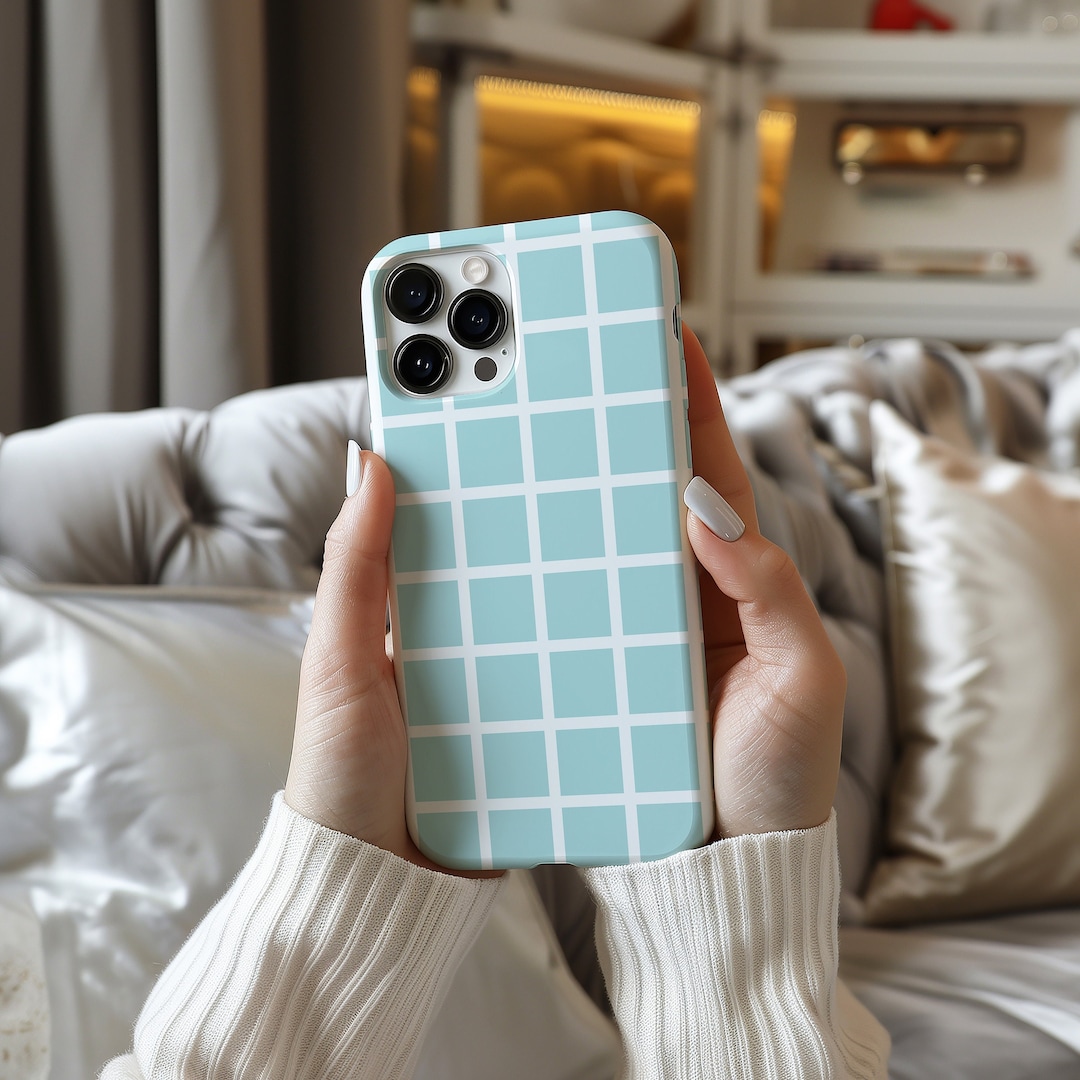 Blue Checkered Minimalist Grid Aesthetic Phone Case iPhone 16 16e 15 14 ...