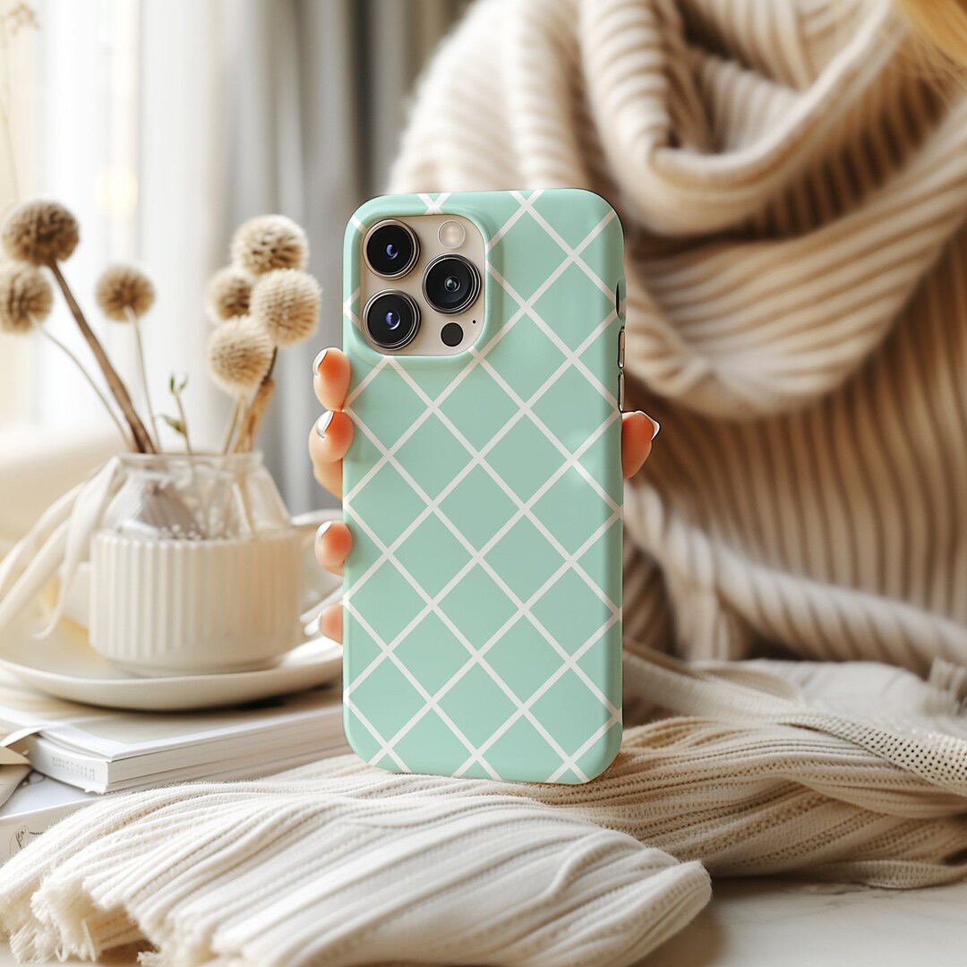 Green Checkered Minimalist Grid Pastel Phone Case iPhone 16 16e 15 14 ...