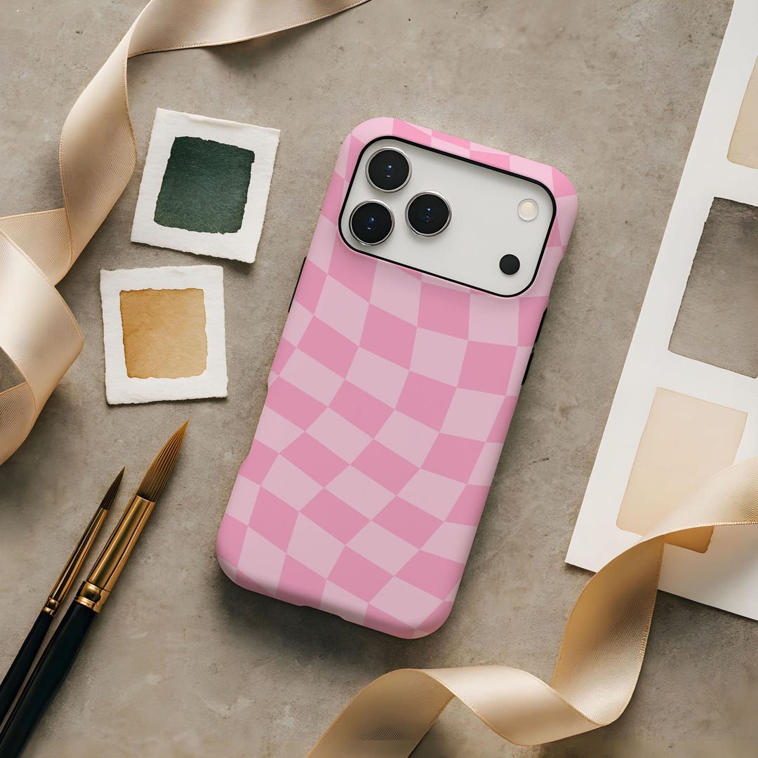 Pink Wavy Checkered Preppy Kawaii Phone Case Samsung Galaxy S26 S25 S24 ...
