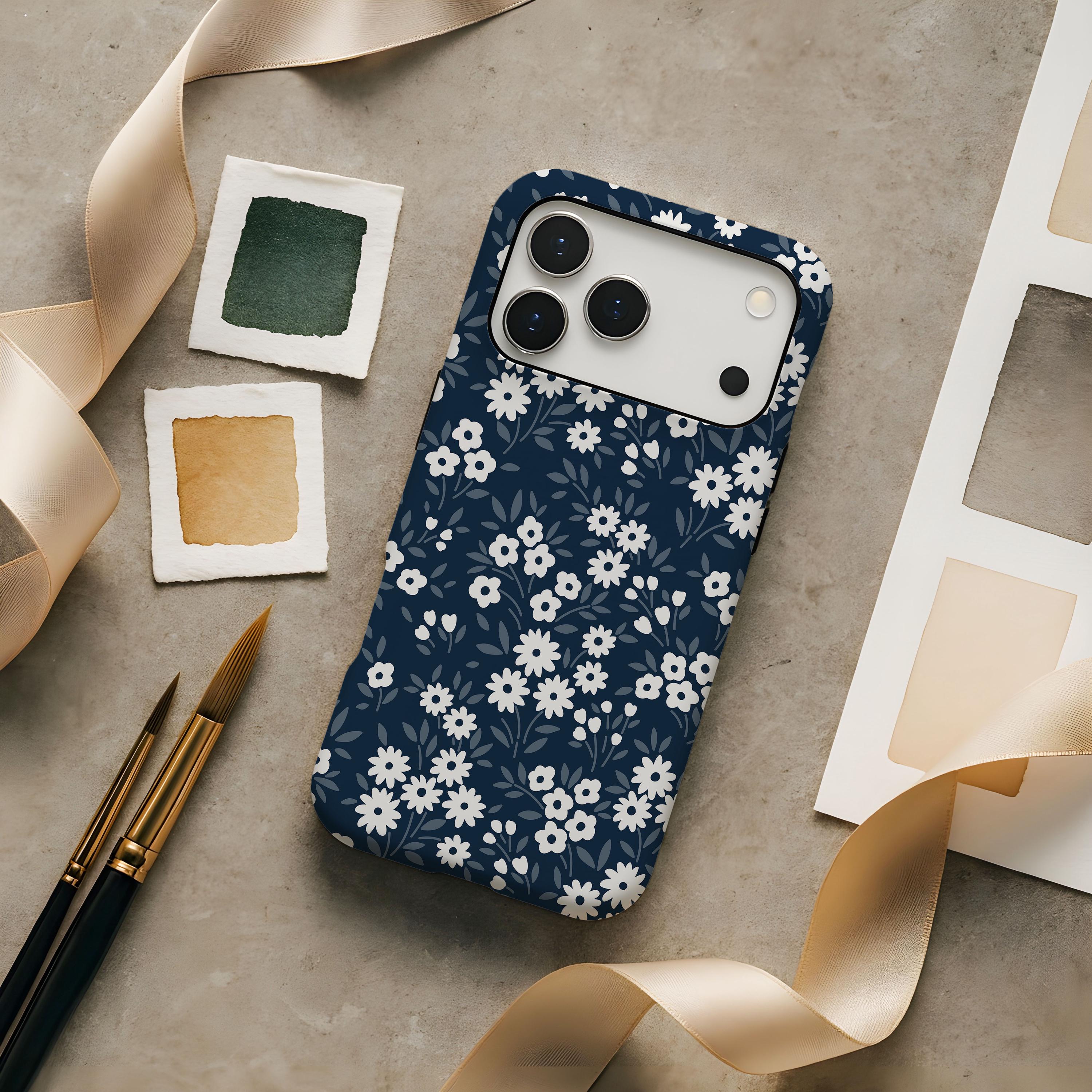 Navy Blue Flower Kawaii Preppy Phone Case | iPhone 17 Air 16 16e 15 14 ...