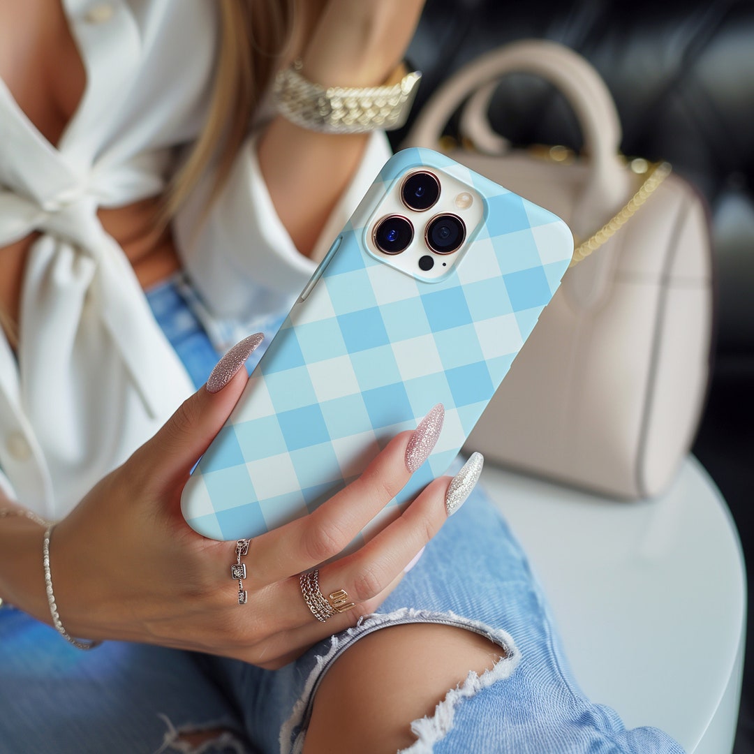 Blue Plaid Grid Checkered Aesthetic Phone Case iPhone 16 16e 15 14 13 ...