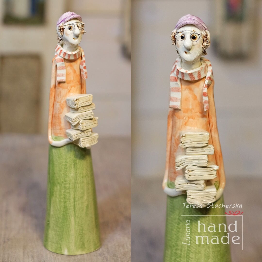 Unusual and Quirky Ceramic Sculpture, Pottery Figure Librarian, Unique ...