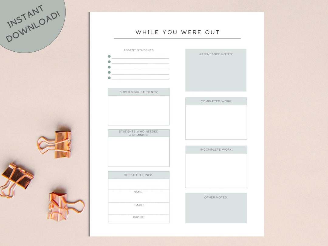 Substitute Teacher Note Bundle - Minimalist Design - Sub Note Teacher ...