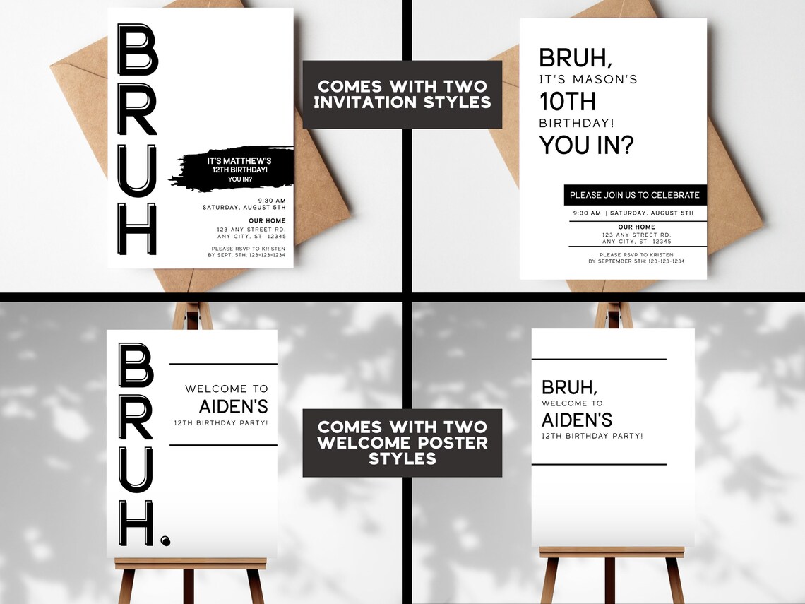 Bruh Birthday Party Template Bundle, Bruh Themed Birthday Invitation ...