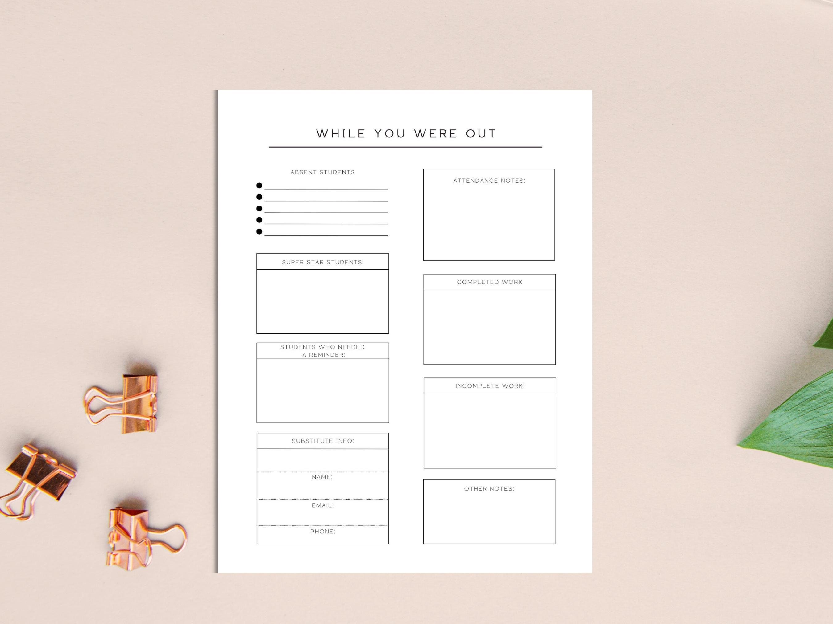 Substitute Teacher Note Bundle - Minimalist Design - Sub Note Teacher ...