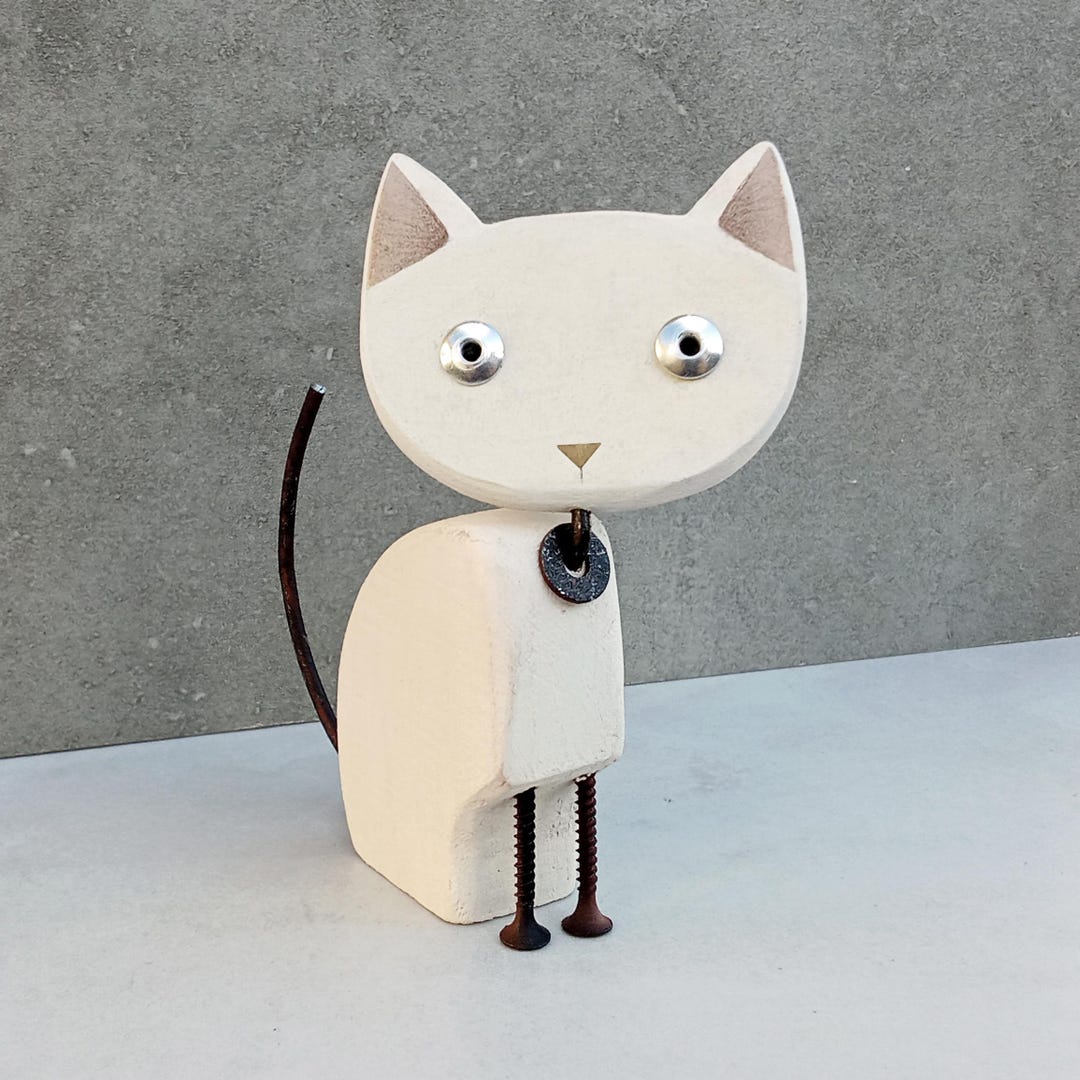 Recycled Metal and Wood Cat Sculpture. Cute Figurine of a Cat, Made ...