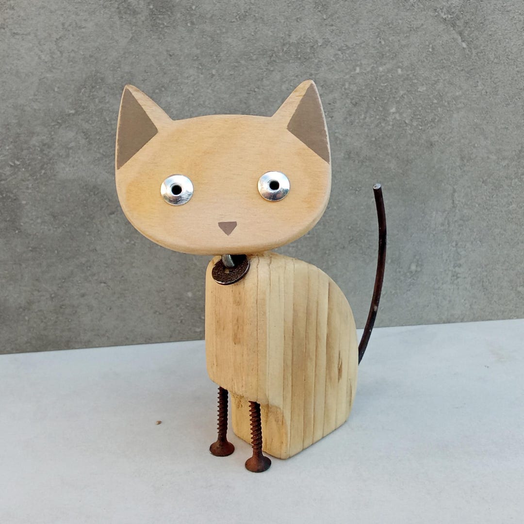 Recycled Metal and Wood Cat Sculpture. Cute Figurine of a Cat, Made ...