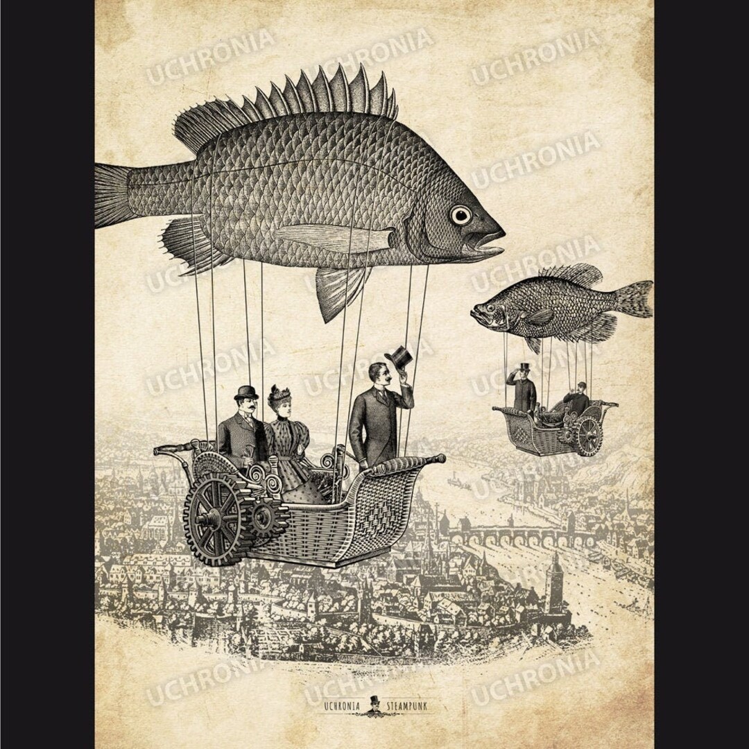 Digital Steampunk Illustration of People Traveling With Strange Flying ...