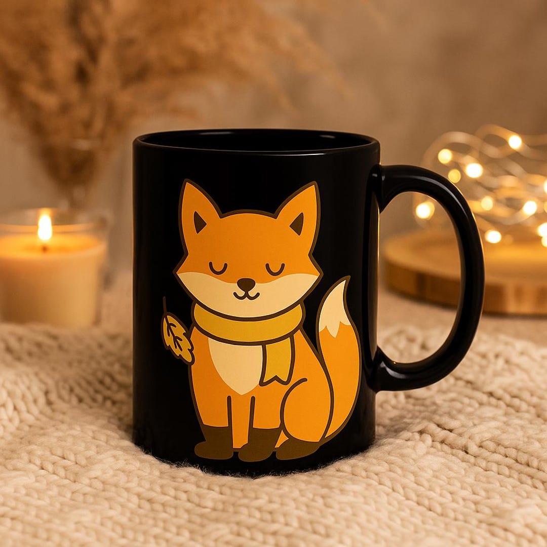Cozy Autumn Fox Mug, Cute Black Coffee Cup With Fall Fox Design, Cozy ...