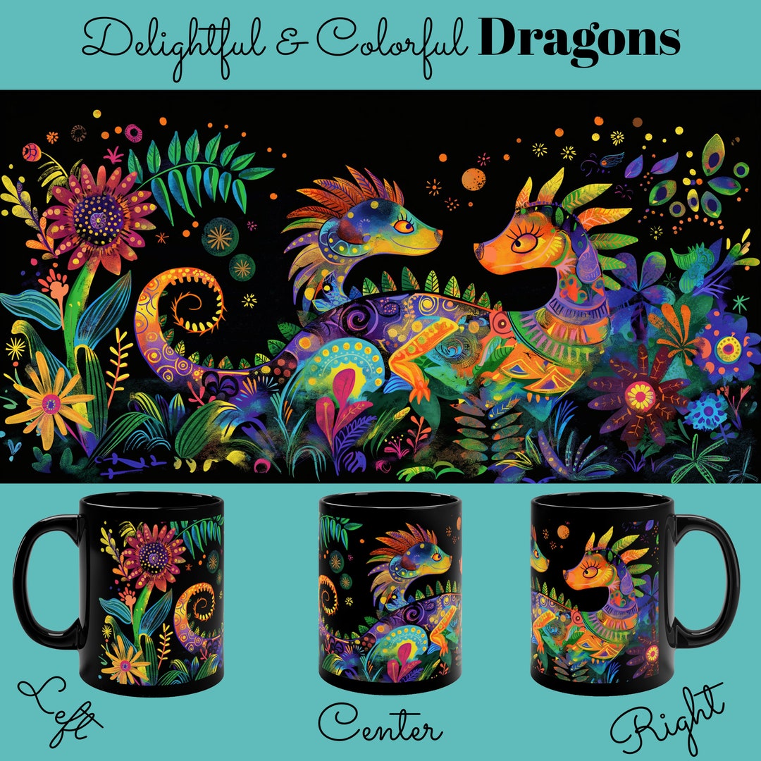 Maximalist Pair of Colorful Dragons and Gifts Dragon Mugs Dragon Mugs ...