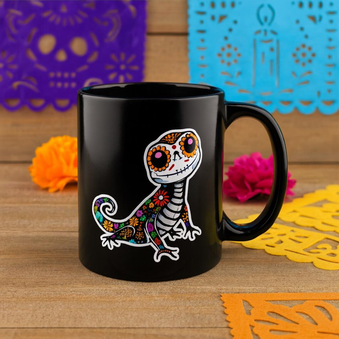 Colorful Day of the Dead Lizard Sugar Skull Mugs Gift for Day of the ...