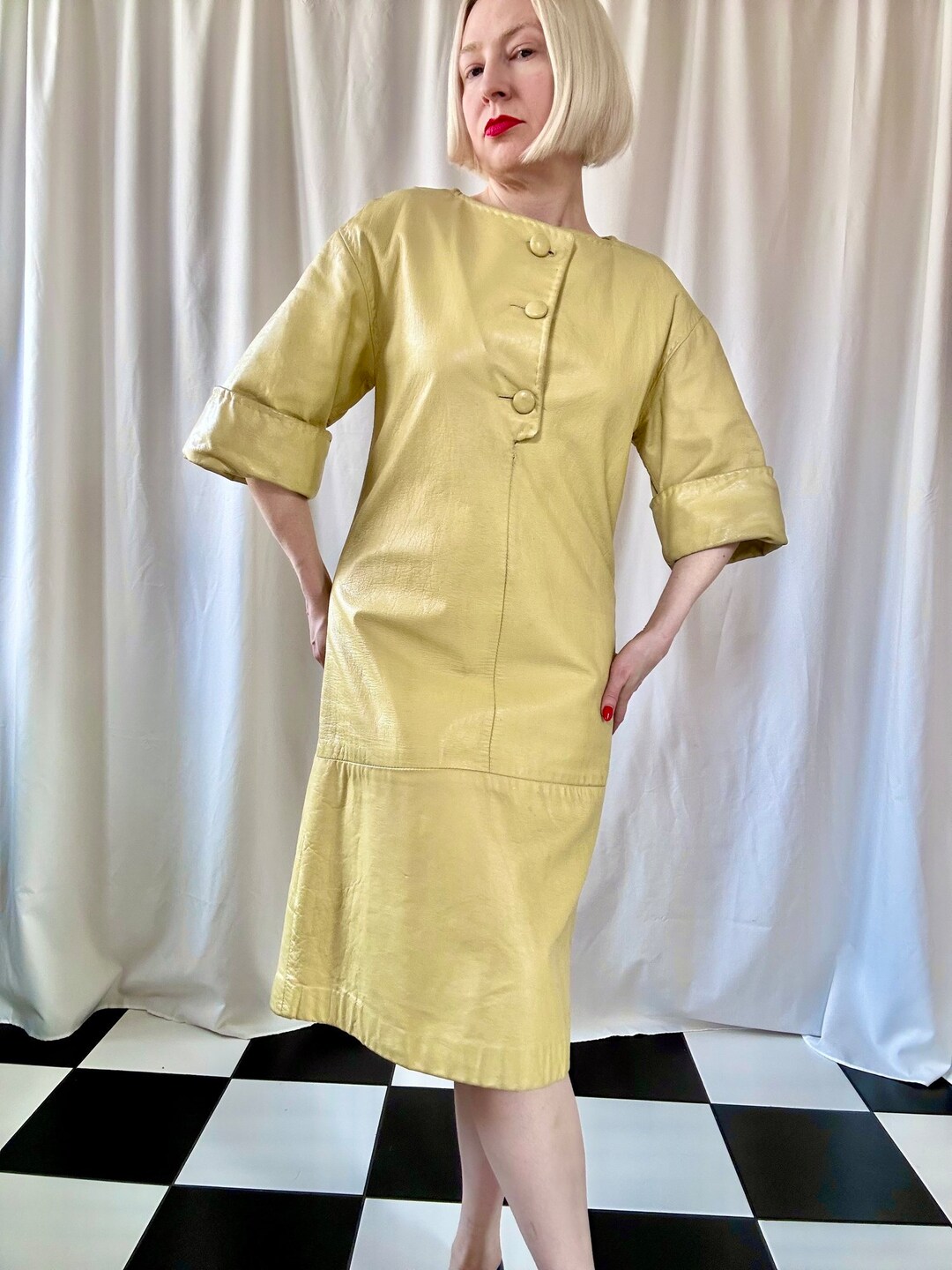 Vintage 1960s Anne Chase Chartreuse Genuine Leather Boatneck Shift Dress S / M - Etsy