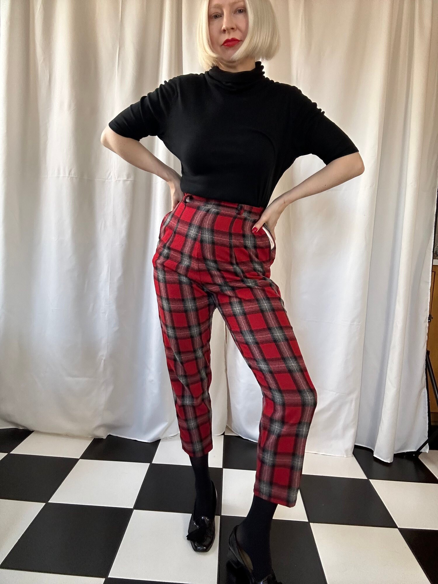 Vintage '50s Red Wool Tartan Plaid High Waisted Petal Pushers Ankle ...