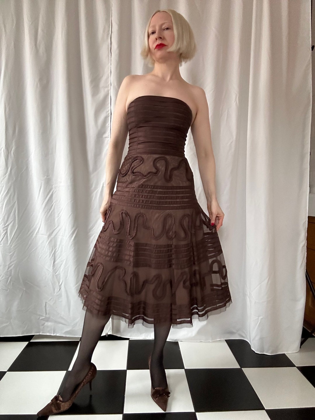 Y2K BCBG Max Azria Brown Strapless Tulle Ribbon Trim Dress S - Etsy