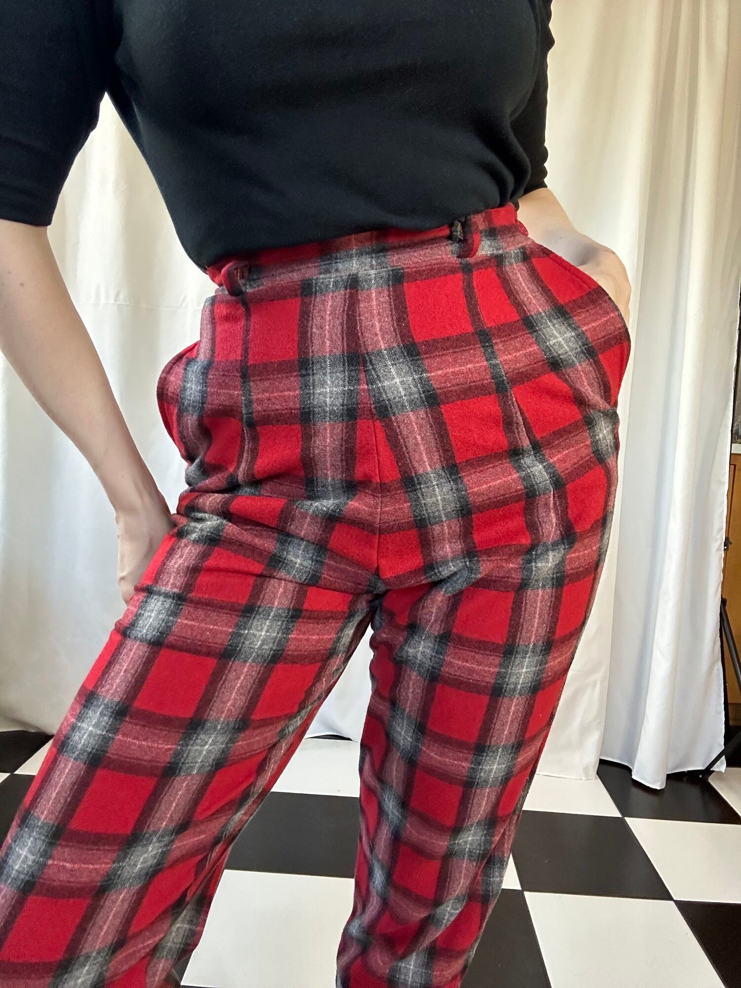 Vintage '50s Red Wool Tartan Plaid High Waisted Petal Pushers Ankle ...