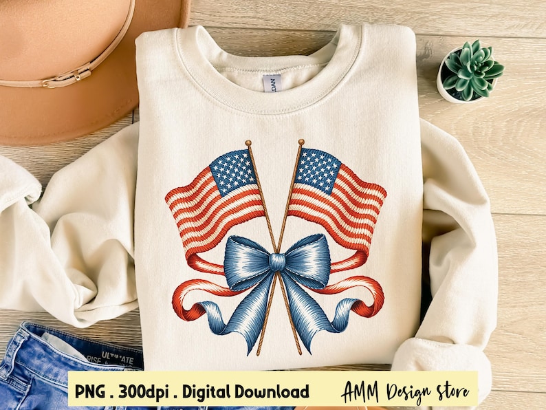 USA Flag Coquette Png, Bow American Flag, Faux Embroidery PNG, 4th of ...