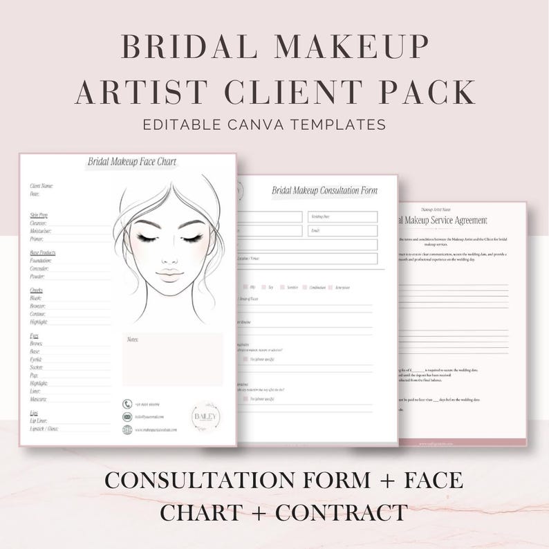Bridal Makeup Artist Client Pack | Consultation Form, Face Chart ...