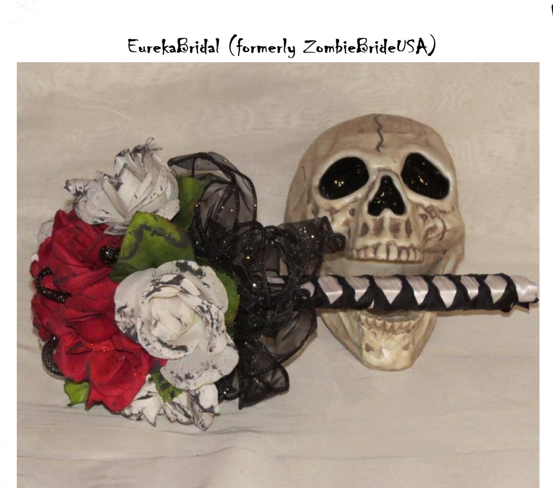 Zombie Bridal Bouquet, Black Highlighting, Red Roses and White Roses ...
