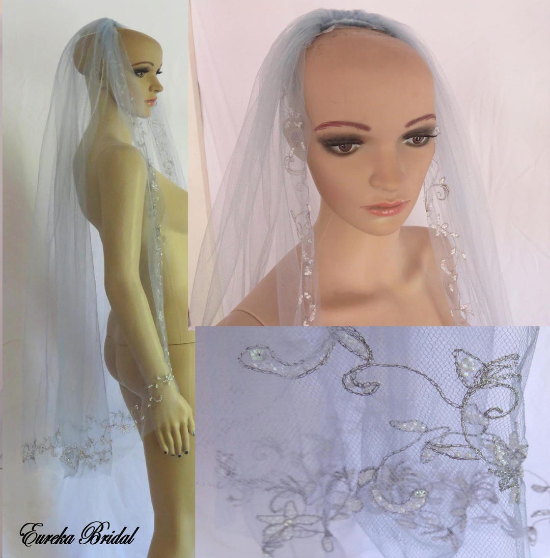 Corpse Bridal Veil, Hand Dyed Light Blue, Halloween Bridal Veil, Pearl ...