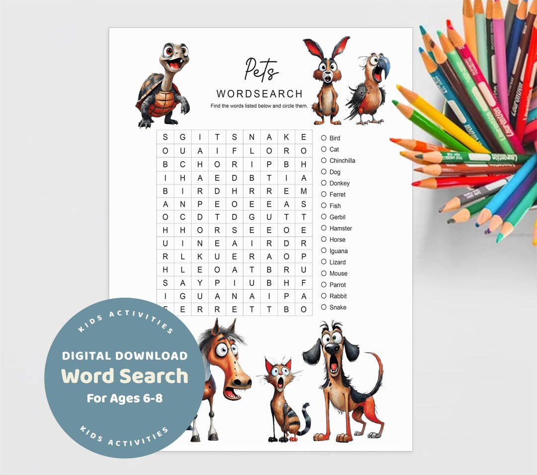 Pets Word Search, Printable Animal Game, Fun Animals Activity for Kids ...