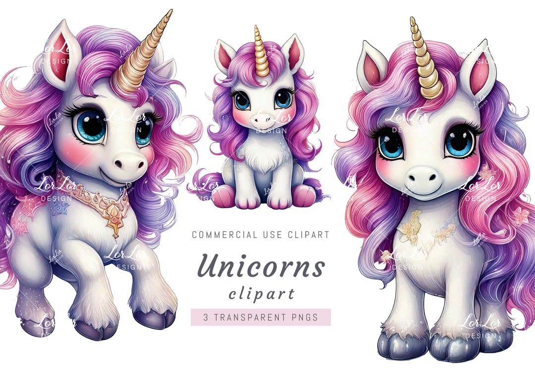 Cute Unicorn Clipart Set, Pretty Unicorns Watercolour Clipart, 3 Png ...