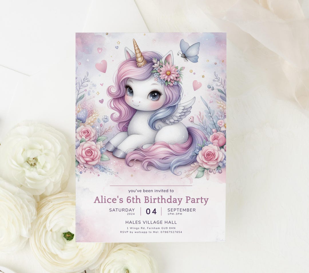 Pastel Unicorn 6th Birthday Invitation, Unicorn Invite for Girls ...