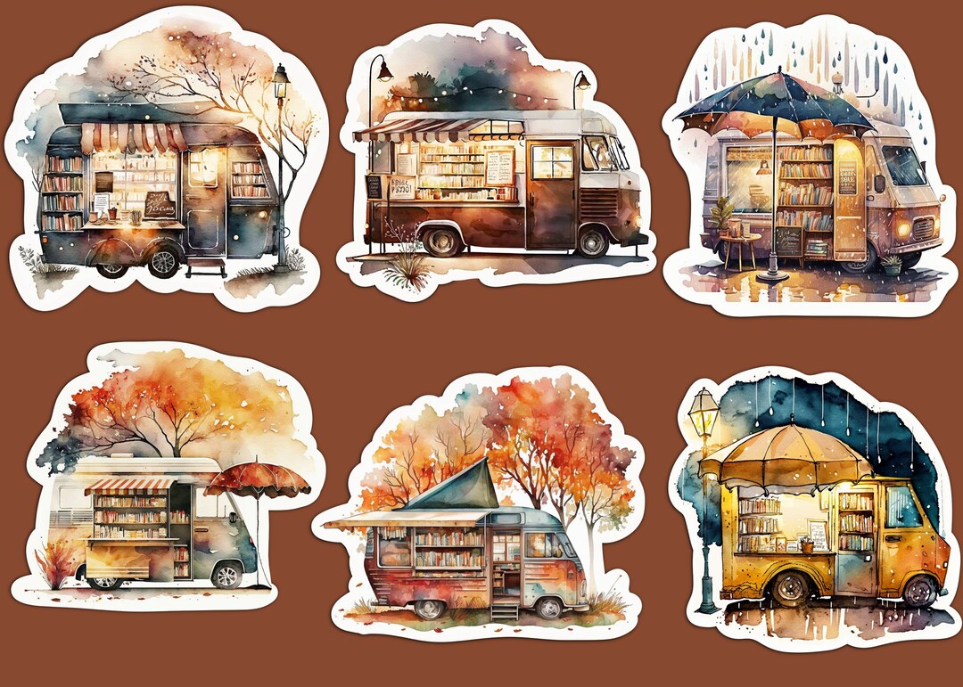 Mobile Bookshop Sticker Bundle, Cute Book Truck Sticker, Watercolor ...