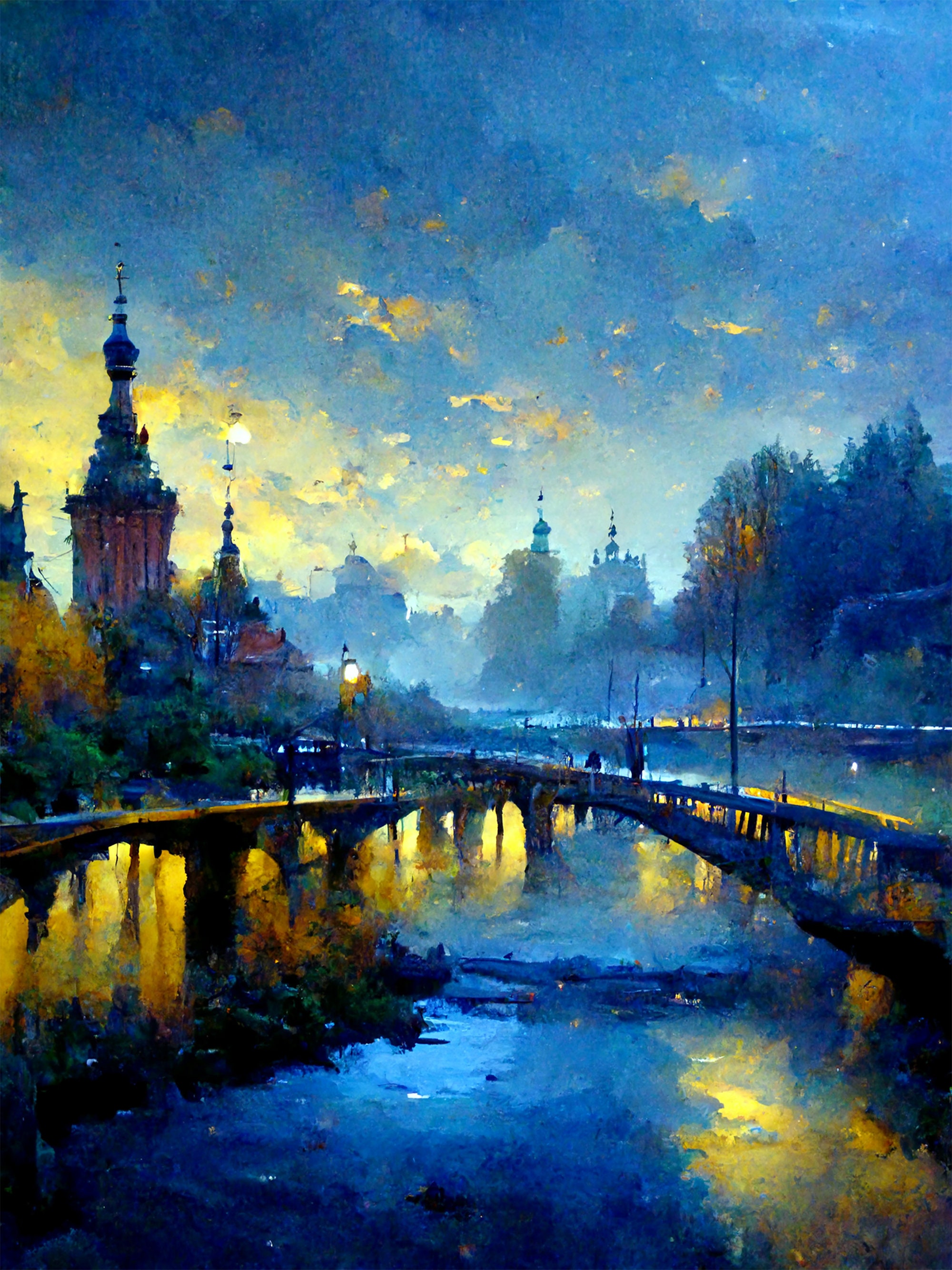 Night City Art, Night Old Bridge Landscape Painting Digital Art ...