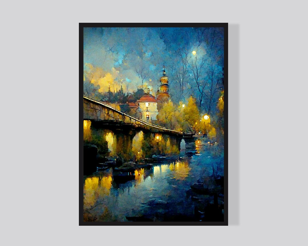 Night City Art, Night Old Bridge Landscape Painting Digital Art ...