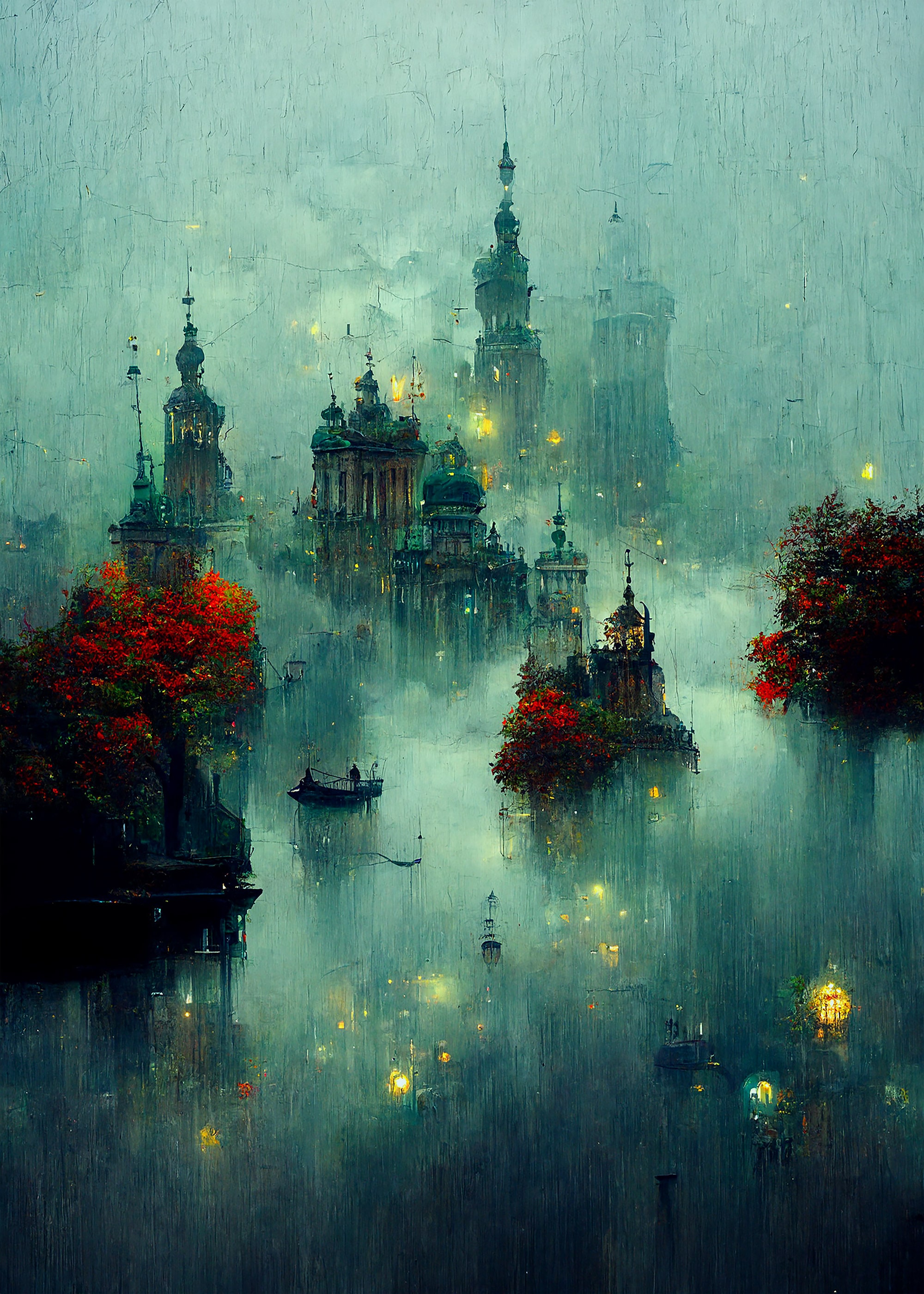 Rainy City Art, Night Old City Landscape Painting Digital Art ...