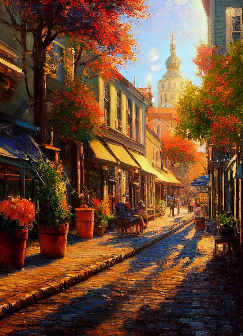 Old City Art, Autumn Old City Landscape Painting Digital Art ...