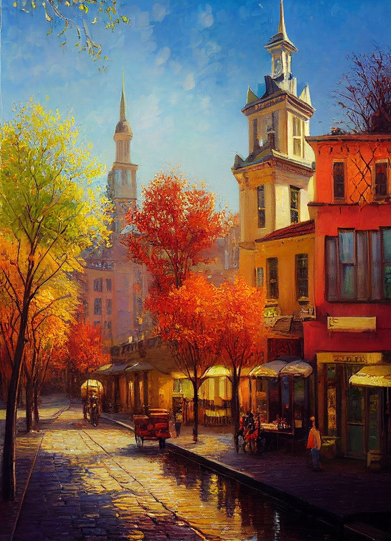 Old City Art, Autumn Old City Landscape Painting Digital Art ...