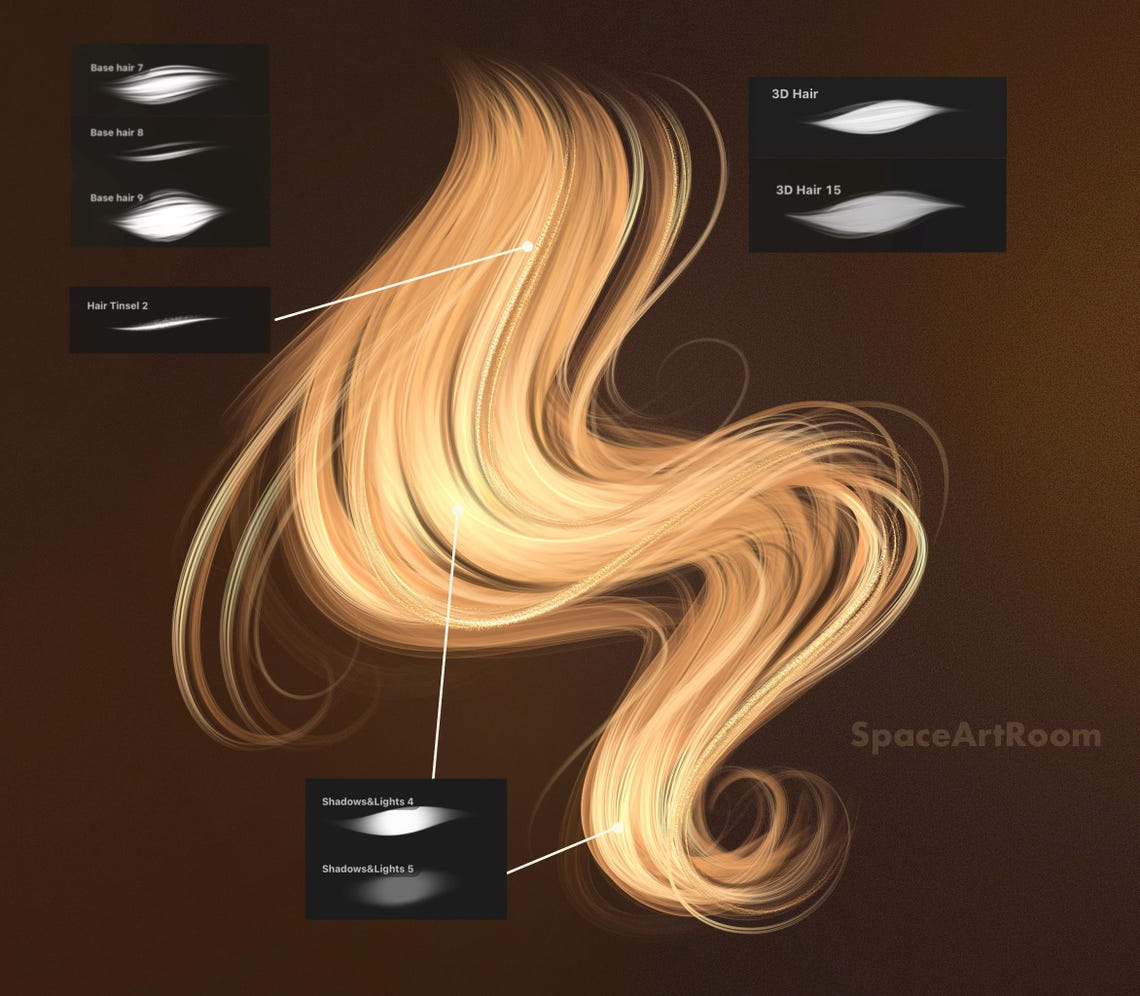Realistic 3D Hair Procreate Brushes: Soft Wavy Texture, Highlights ...