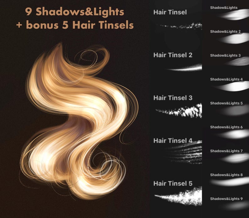 Realistic 3D Hair Procreate Brushes: Soft Wavy Texture, Highlights ...