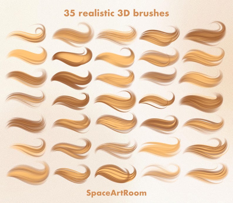 Realistic 3D Hair Procreate Brushes: Soft Wavy Texture, Highlights ...