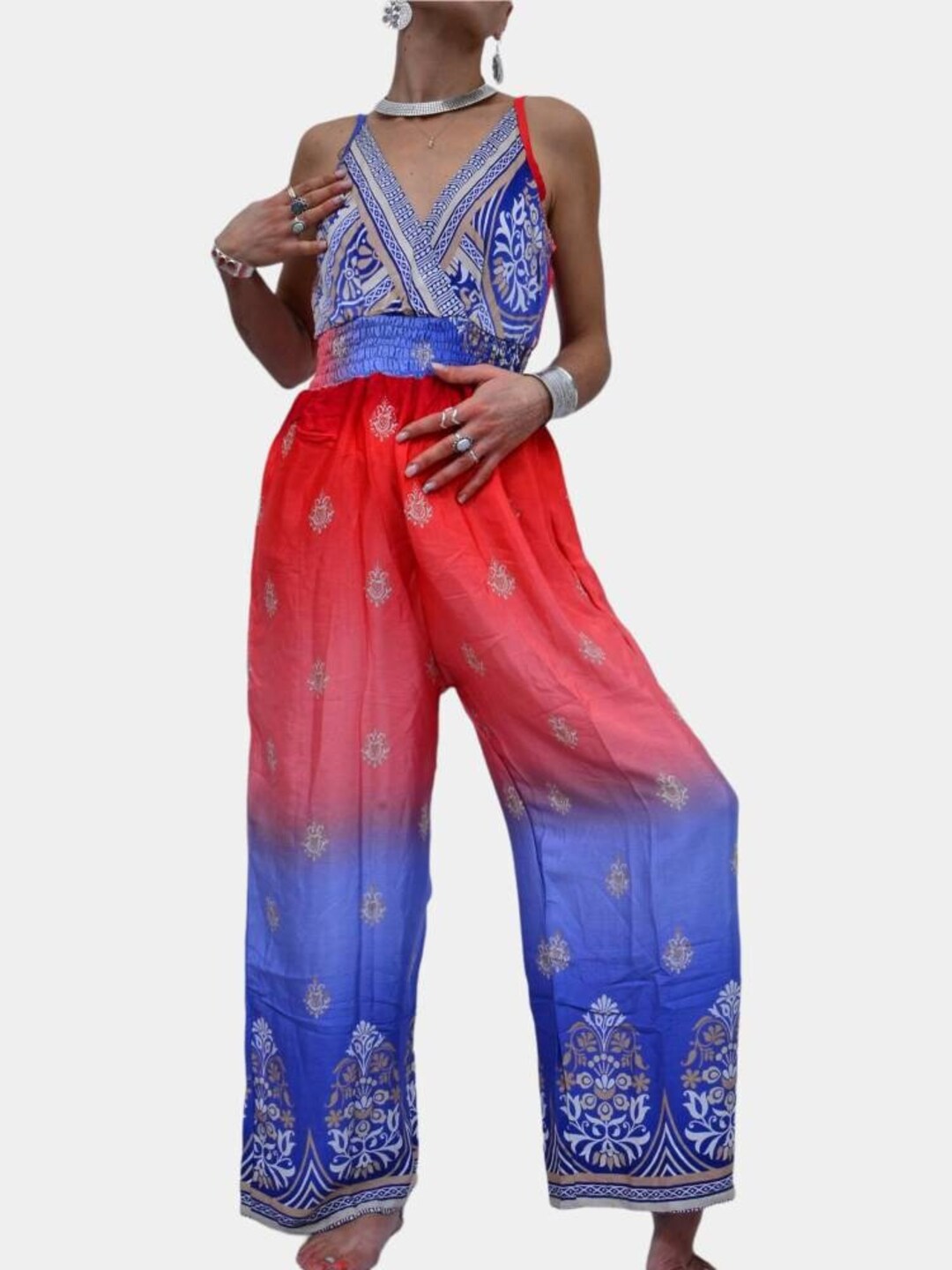 Silk Dungarees, Trouser Suit, Wide Leg Maxi Jumpsuite, Blue Orange ...