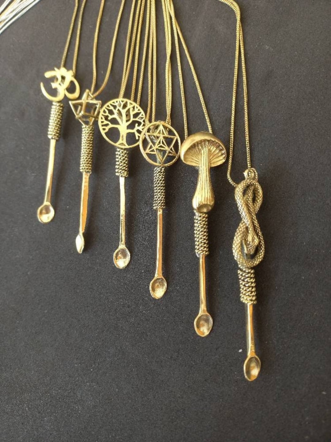 Mini Brass Spoon Necklace With Om, Star, Snake, Mushroom, and Tree of ...