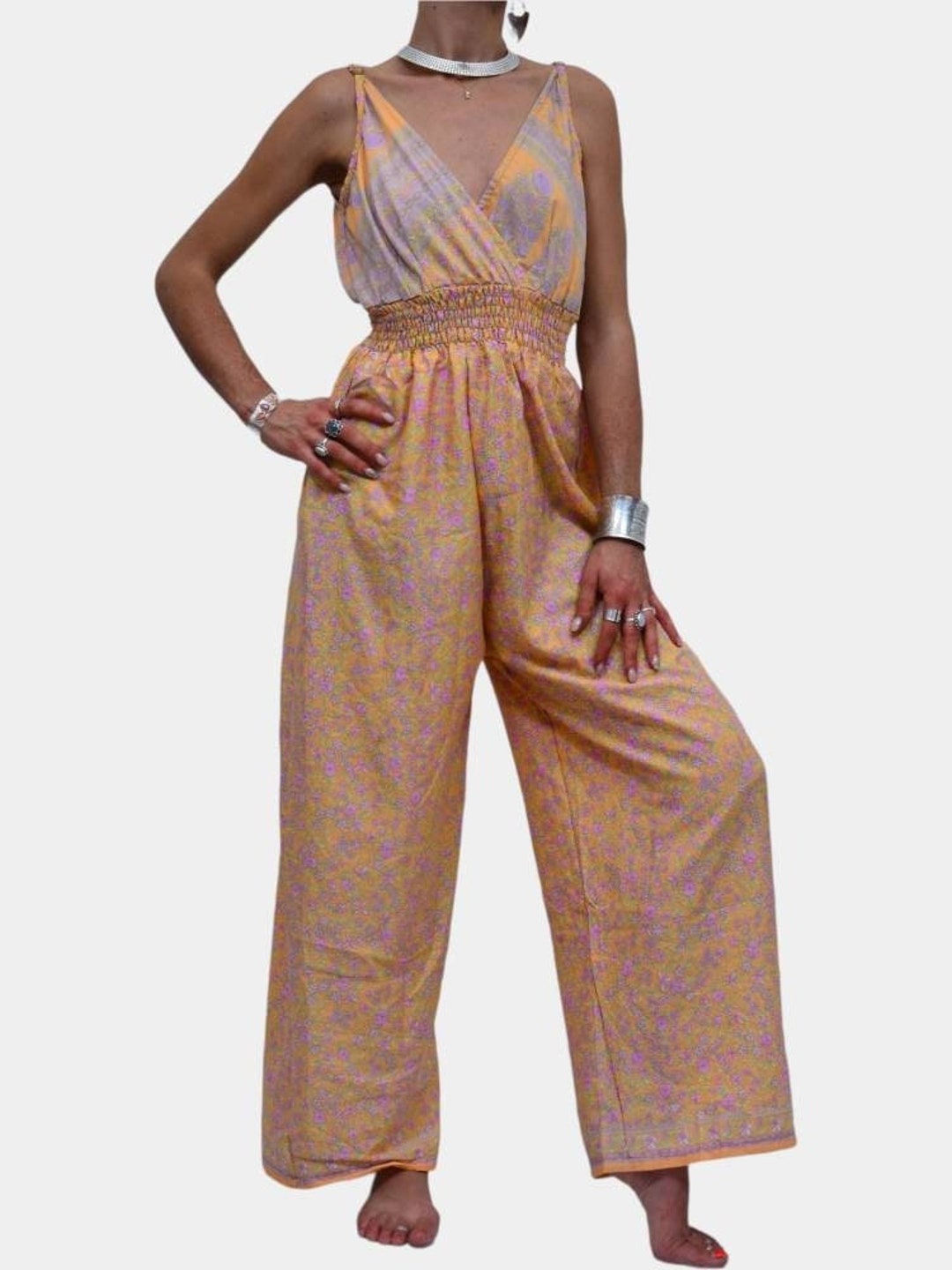 Silk Dungarees, Trouser Suit, Wide Leg Maxi Jumpsuite, Orange Pink ...
