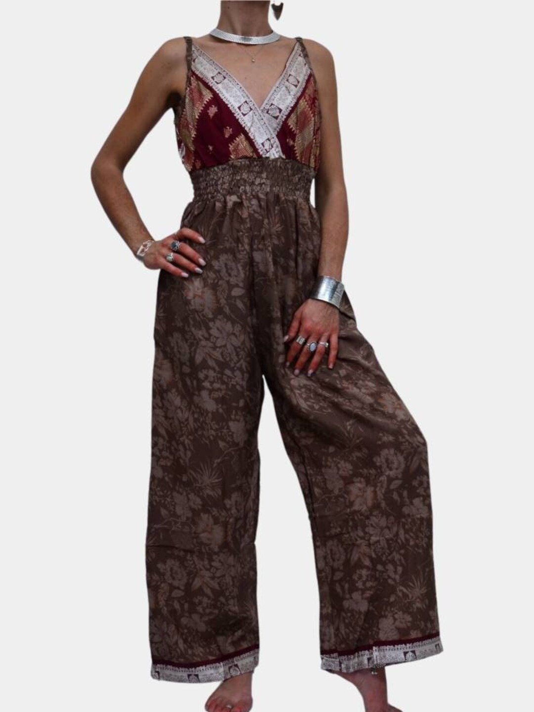 Silk Dungarees, Trouser Suit, Wide Leg Maxi Jumpsuite, Brown Beige ...