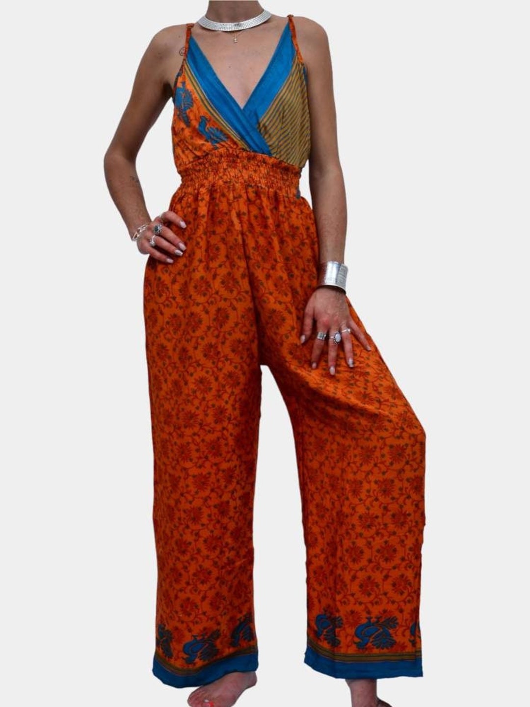 Silk Dungarees, Trouser Suit, Wide Leg Maxi Jumpsuite, Orange Beige ...