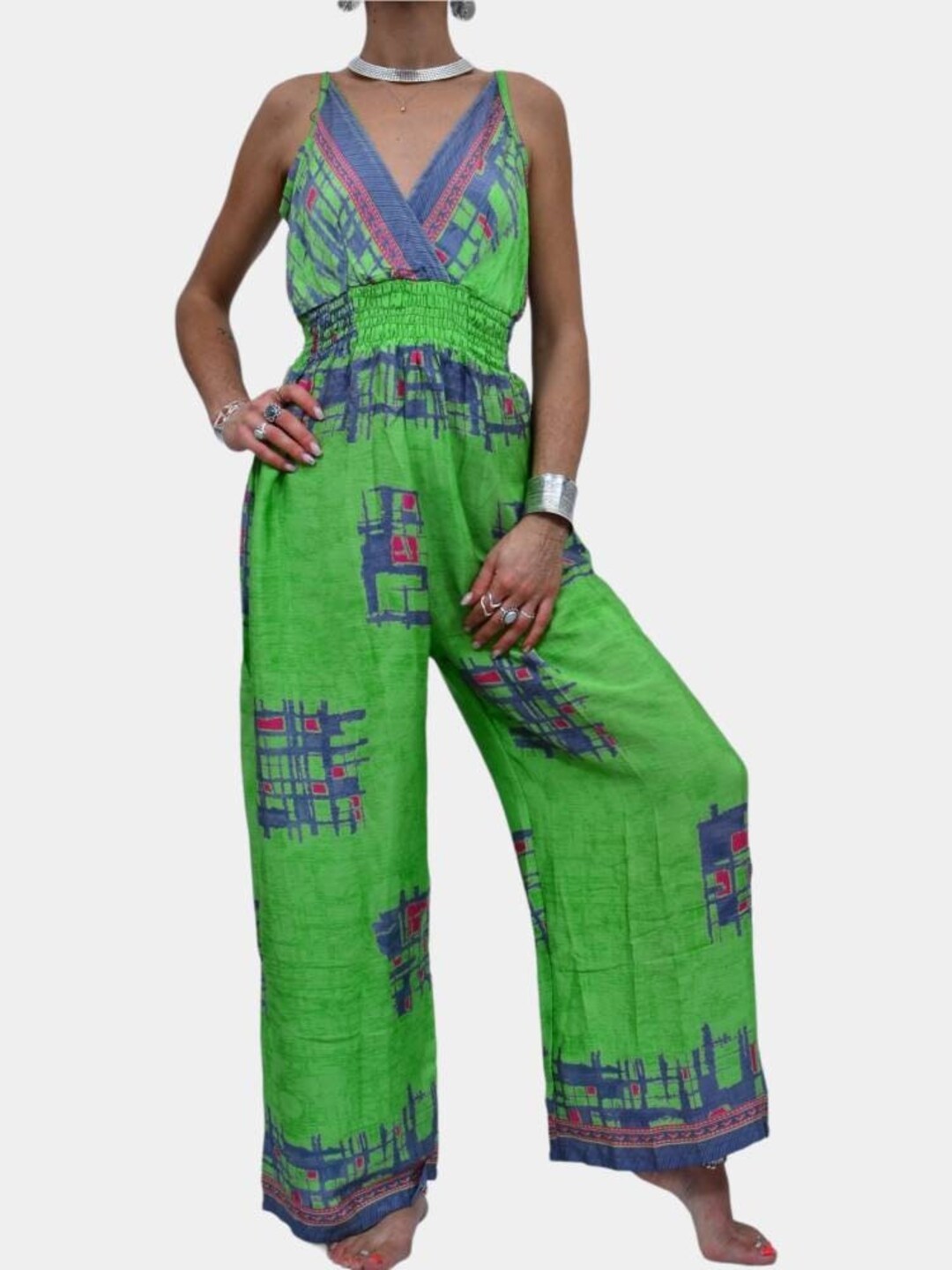 Silk Dungarees, Trouser Suit, Wide Leg Maxi Jumpsuite, Green Grey ...