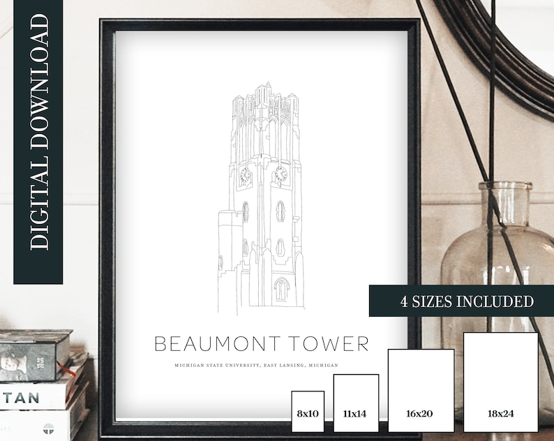 Michigan State Beaumont Tower Line Drawing - MSU Art - East Lansing ...