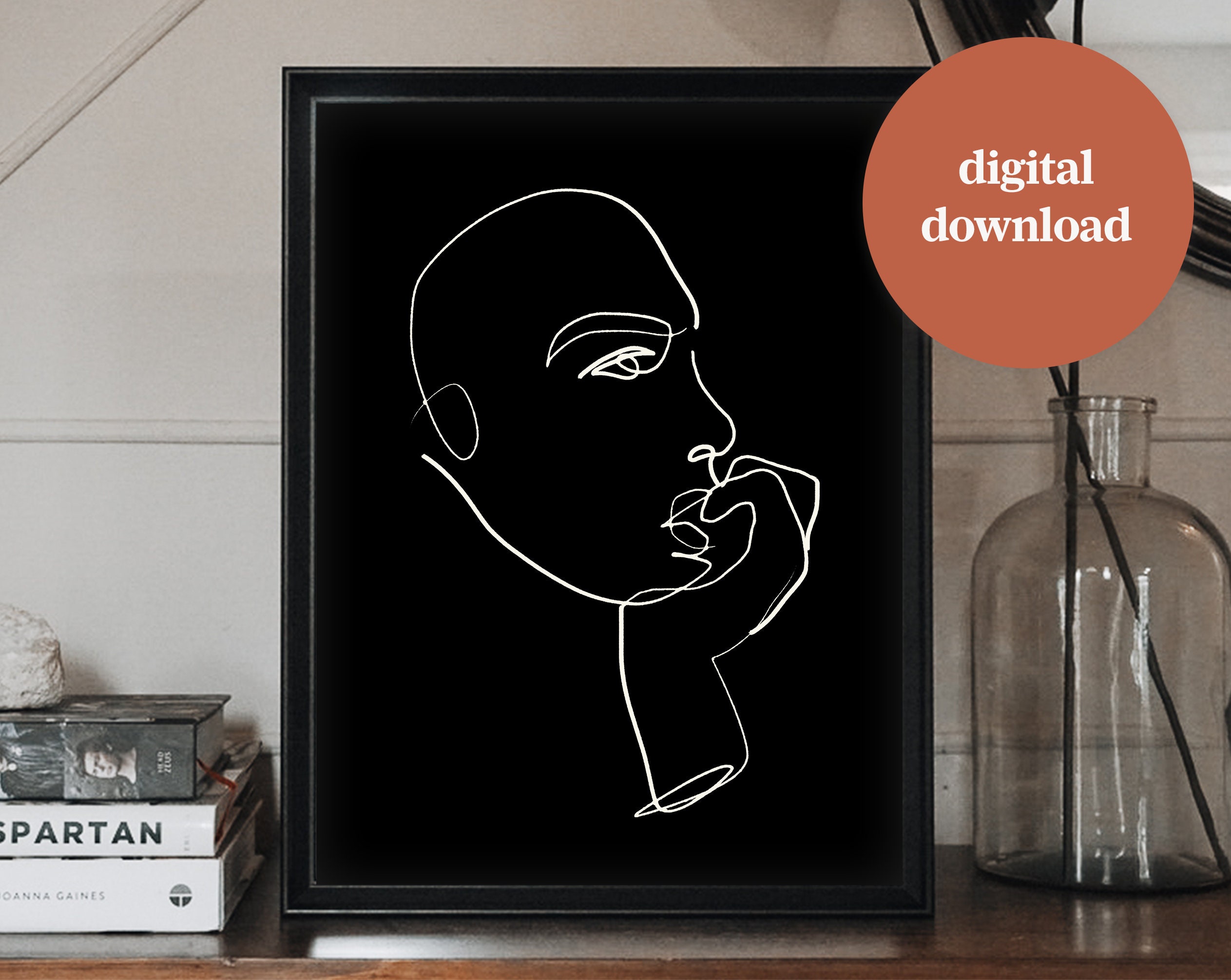 Line Art Face - PENSIVE - DIGITAL DOWNLOAD Art Print up to 18" X 24 ...