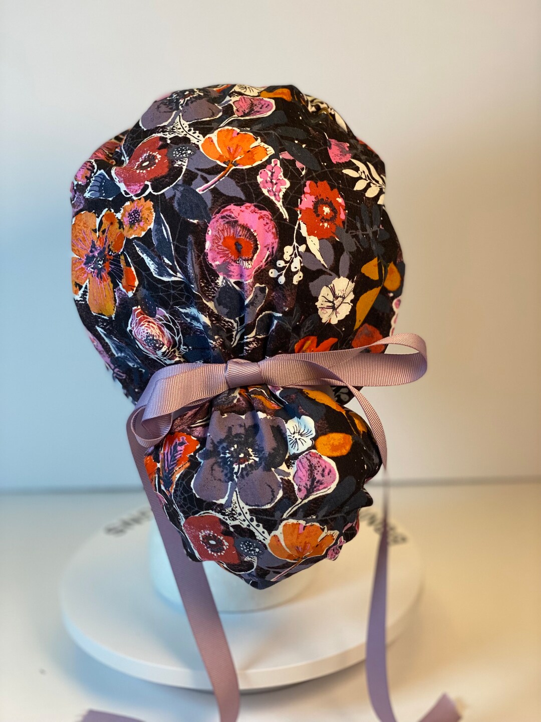 Eerie Halloween Black Floral Ponytail Scrub Hat, Bonnet Head Designs - Etsy