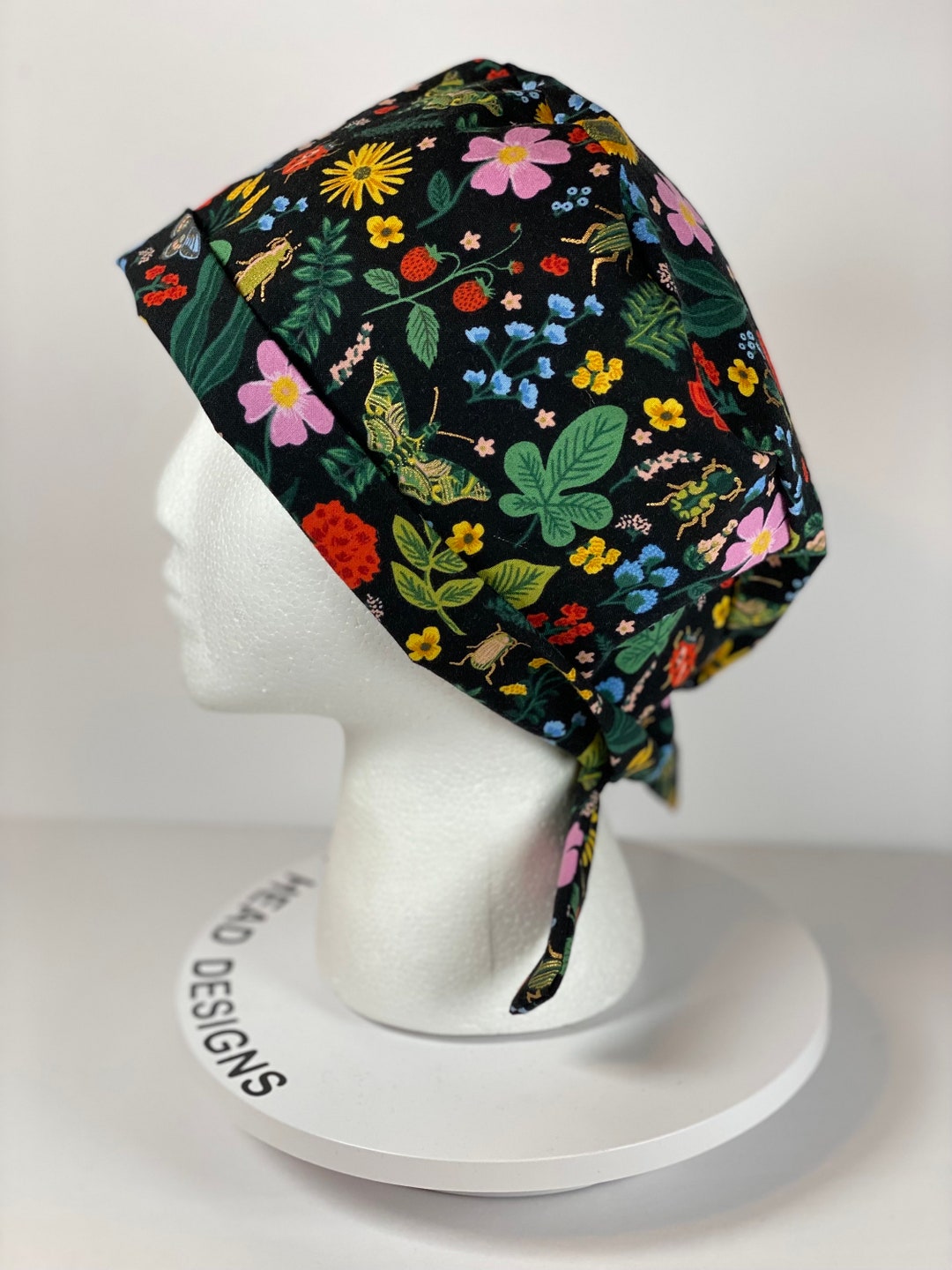Rifle Paper Co. Floral Scrub Cap: Black Curio Tie Back Hat - Etsy