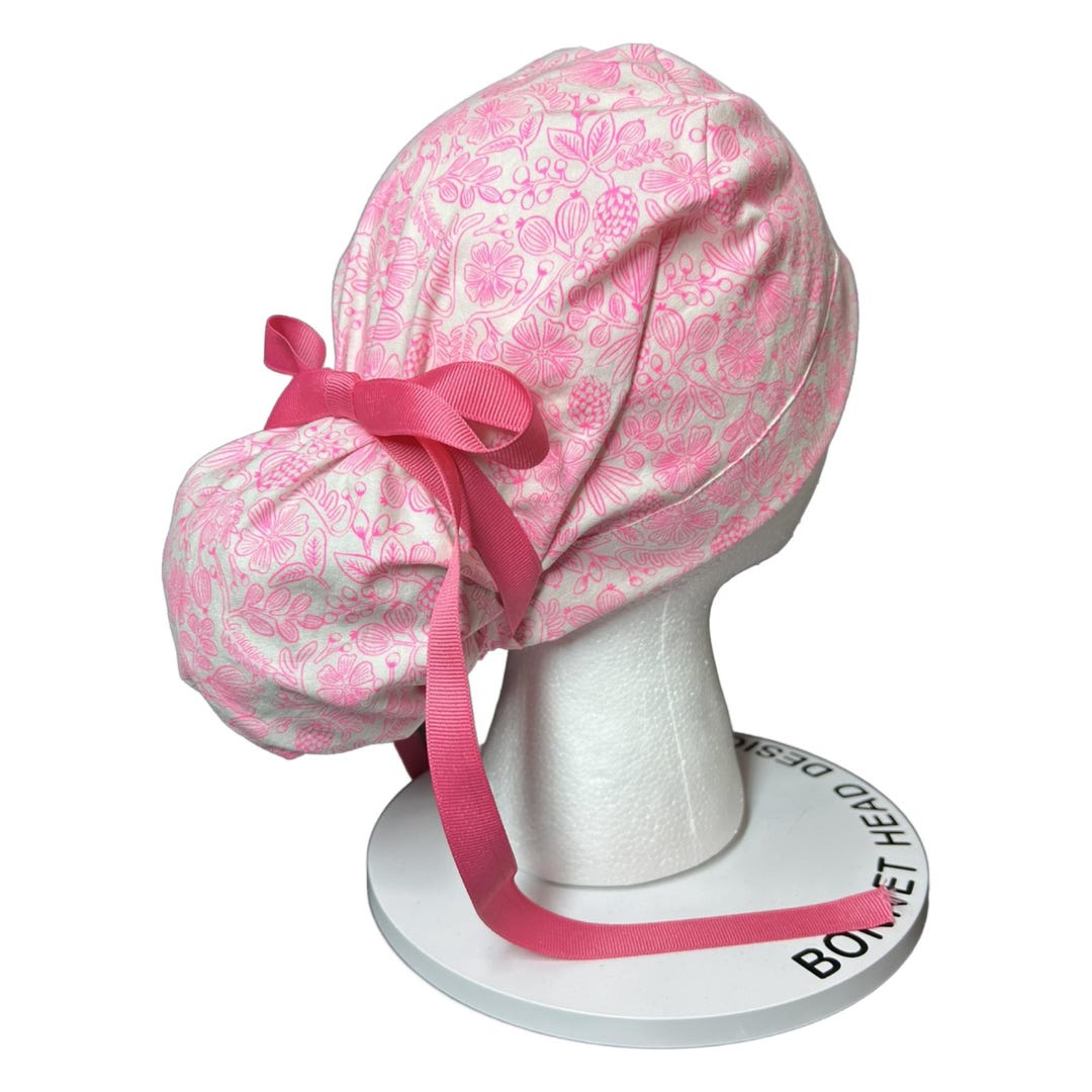 Ponytail Scrub Hat With Ribbon Cinch Ties- Rifle Paper Co Neon Pink ...