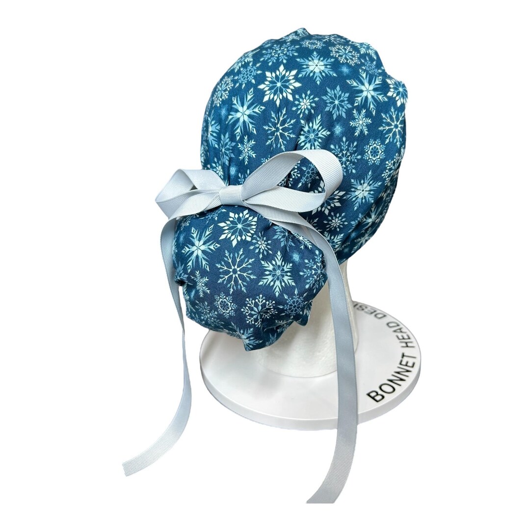 Snowflake Print Women's Ponytail Scrub Cap- Optional Satin Lining and ...