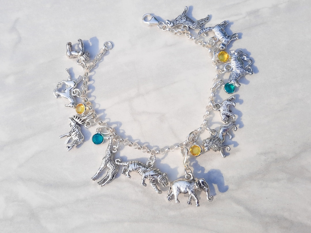 Animal Charm Bracelet With Beads/ Sterling Silver Chain / Animal Charms ...